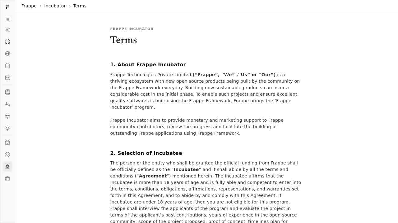 Frappe Incubator — Terms